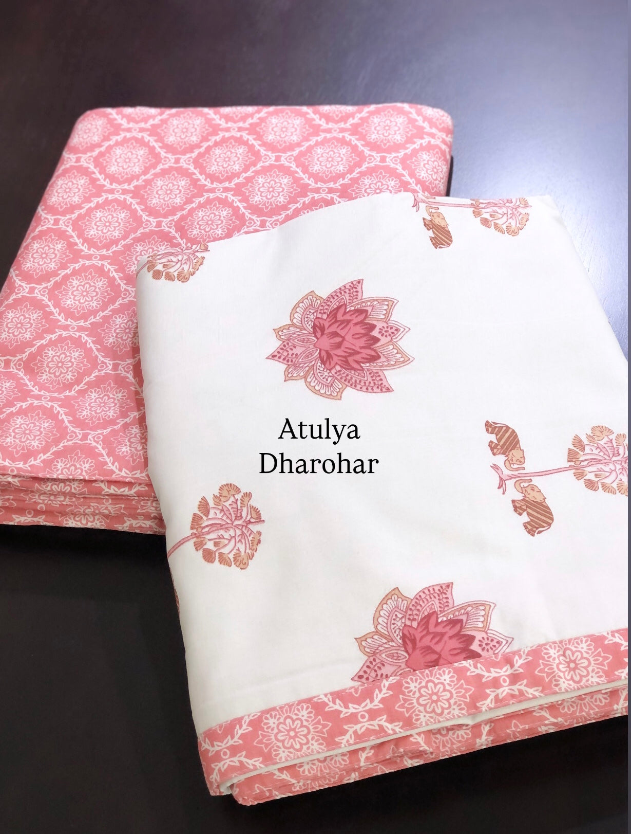 Lotus and Elephant Motifs Cambric Cotton Single Dohar Pair - atulyadharohar